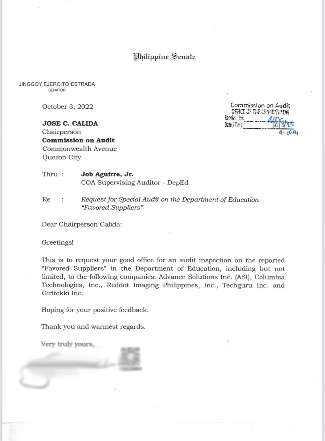 LETTER TO COA: Special audit on DepEd’s favored suppliers – Jinggoy ...