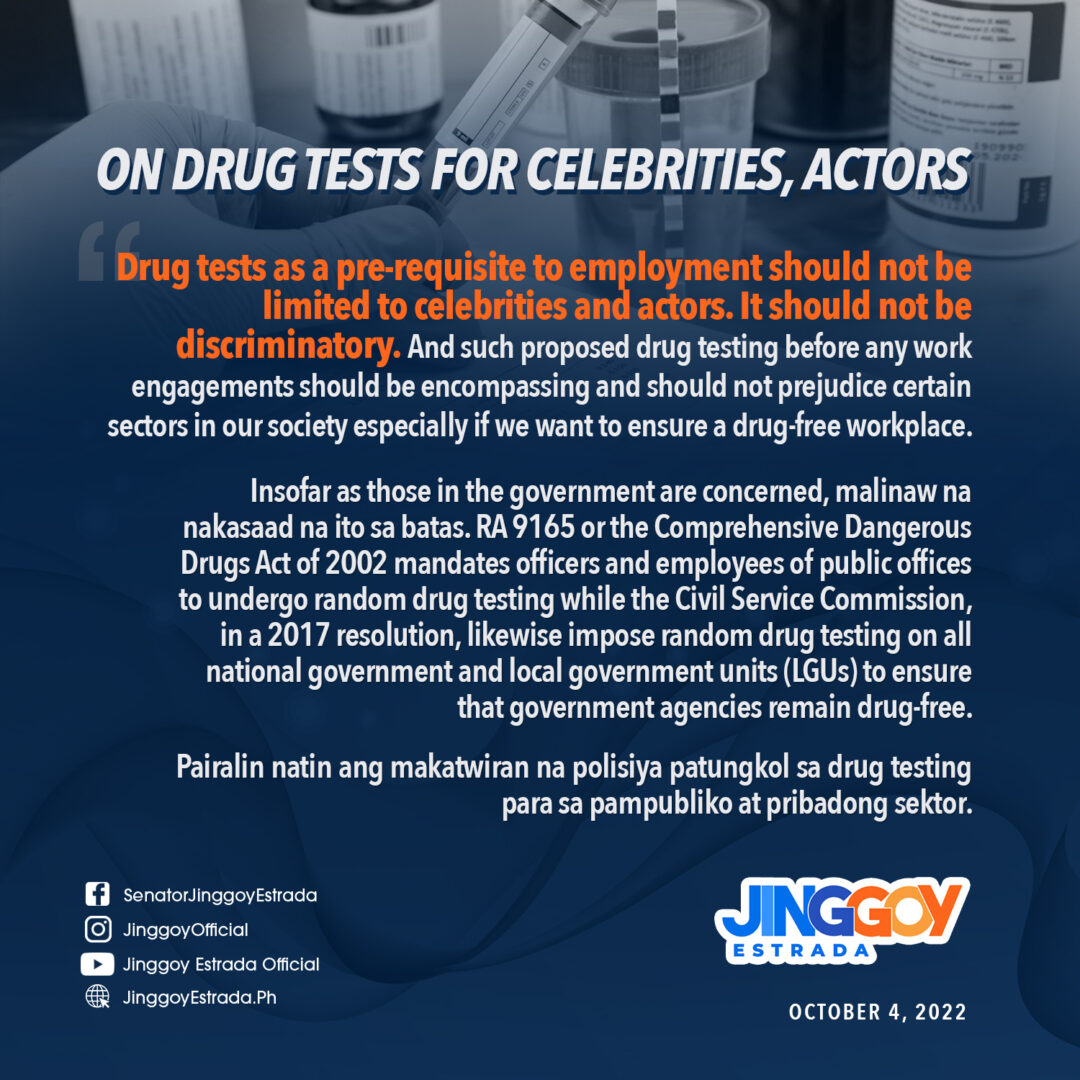 On drug tests for celebrities, actors – Jinggoy Ejercito Estrada
