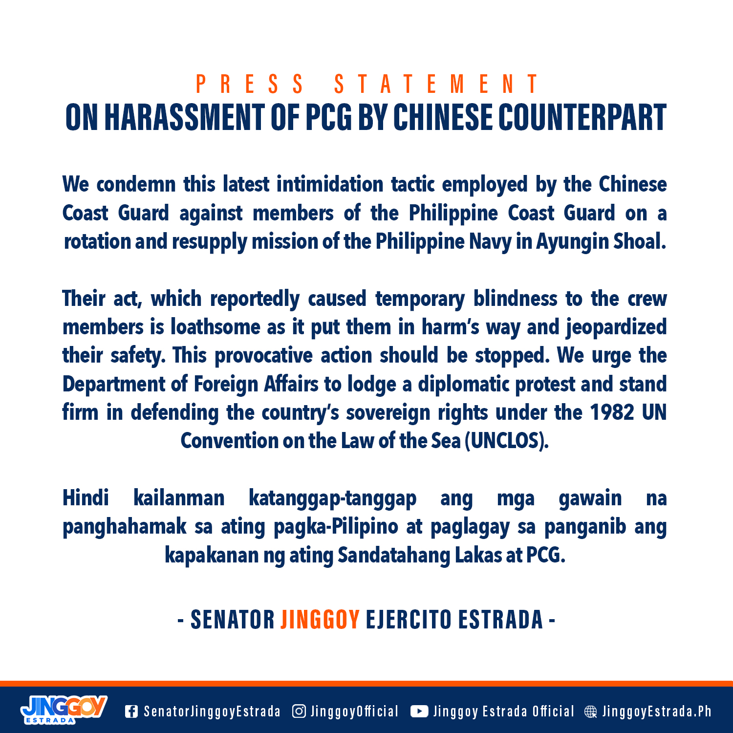 Statement on Harassment of PCG by Chinese counterpart – Jinggoy Ejercito Estrada