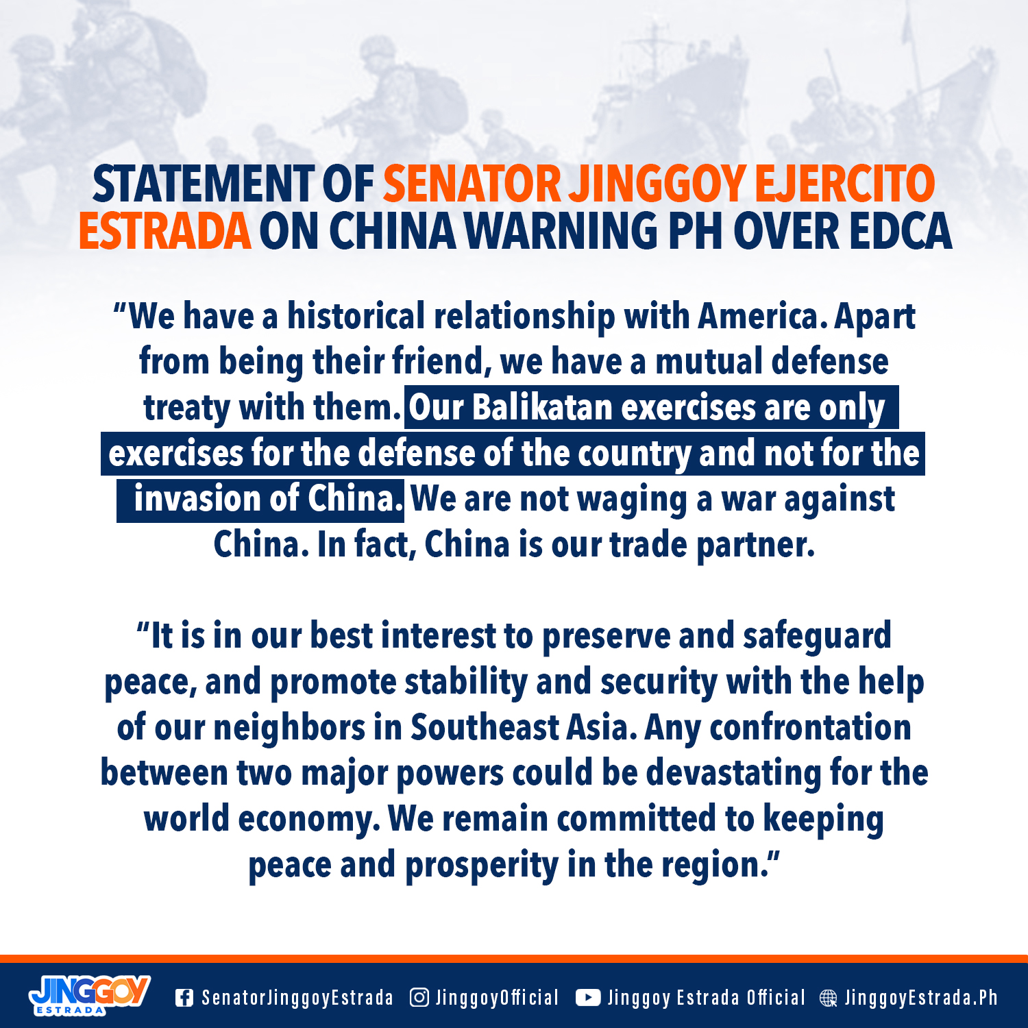 Statement of Senator Jinggoy Ejercito Estrada on China warning Ph over EDCA – Jinggoy Ejercito ...