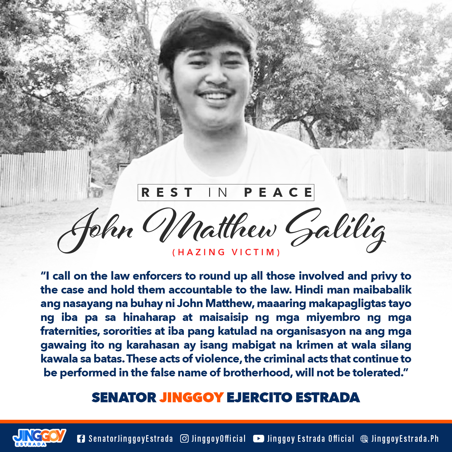 Statement of Senator Jinggoy Ejercito Estrada on latest hazing victim ...