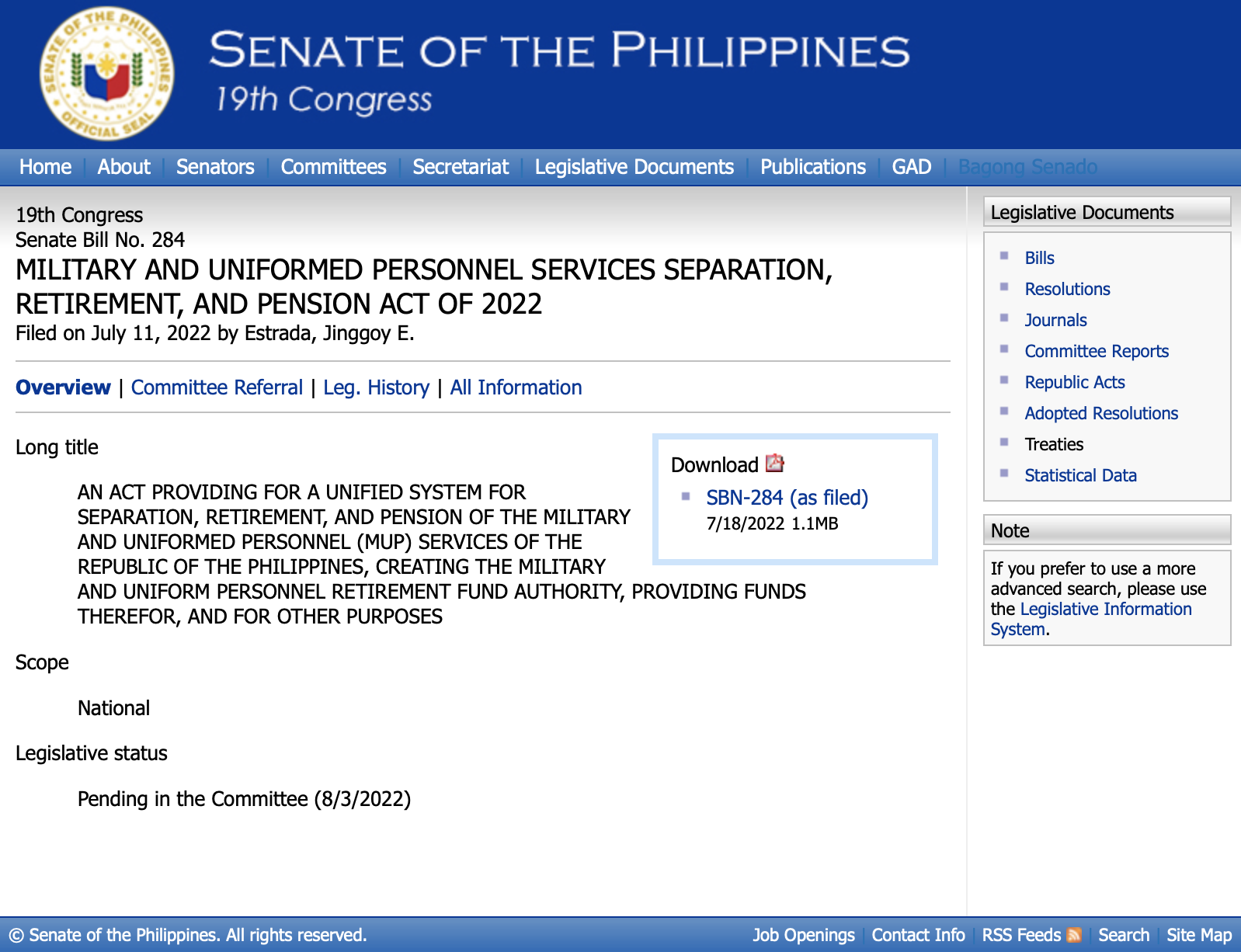 Statement on MUP pension reforms, potential fiscal crisis – Jinggoy Ejercito Estrada