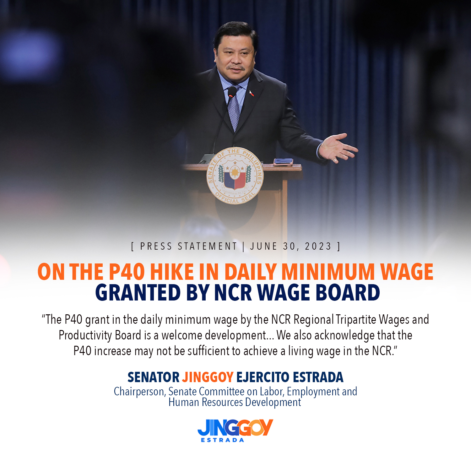 Statement on the P40 hike in daily minimum wage granted by NCR wage ...