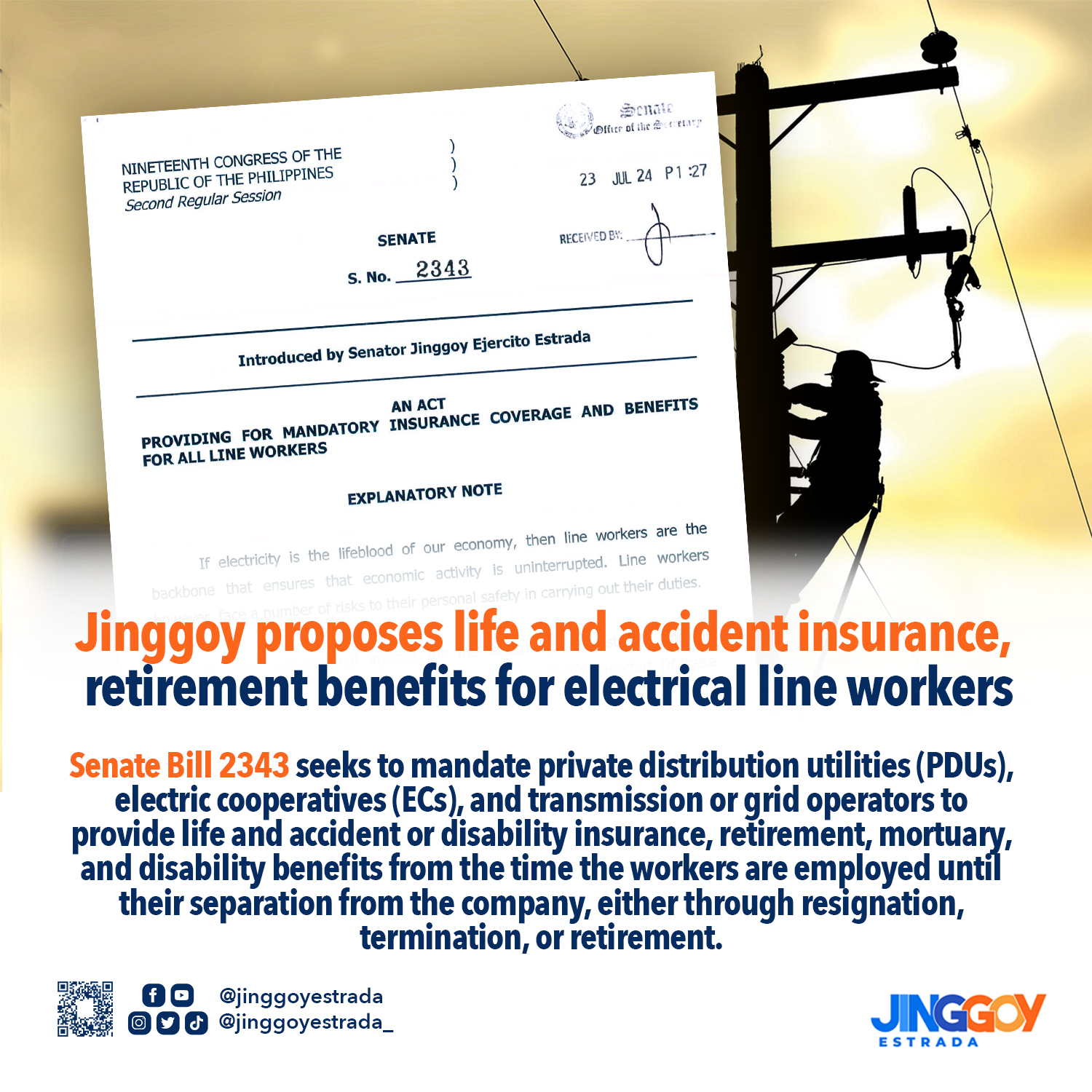 Jinggoy proposes life and accident insurance, retirement benefits for electrical line workers ...