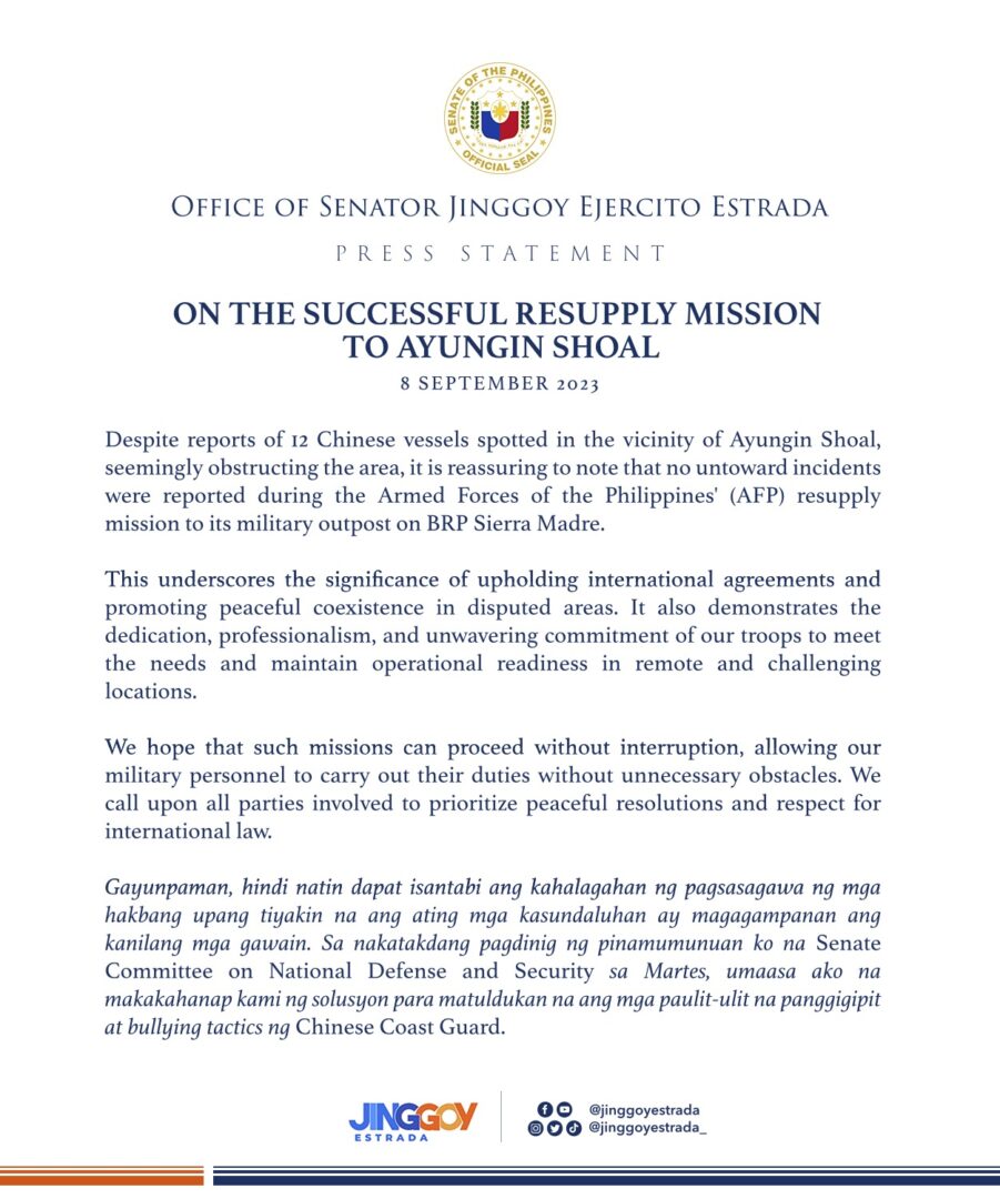 Statement on the successful resupply mission to Ayungin Shoal – Jinggoy Ejercito Estrada