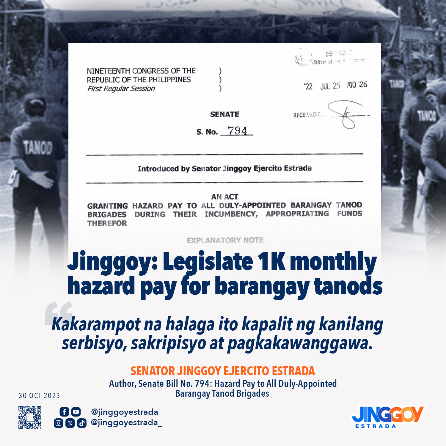 Jinggoy: Legislate 1K monthly hazard pay for barangay tanods – Jinggoy Ejercito Estrada