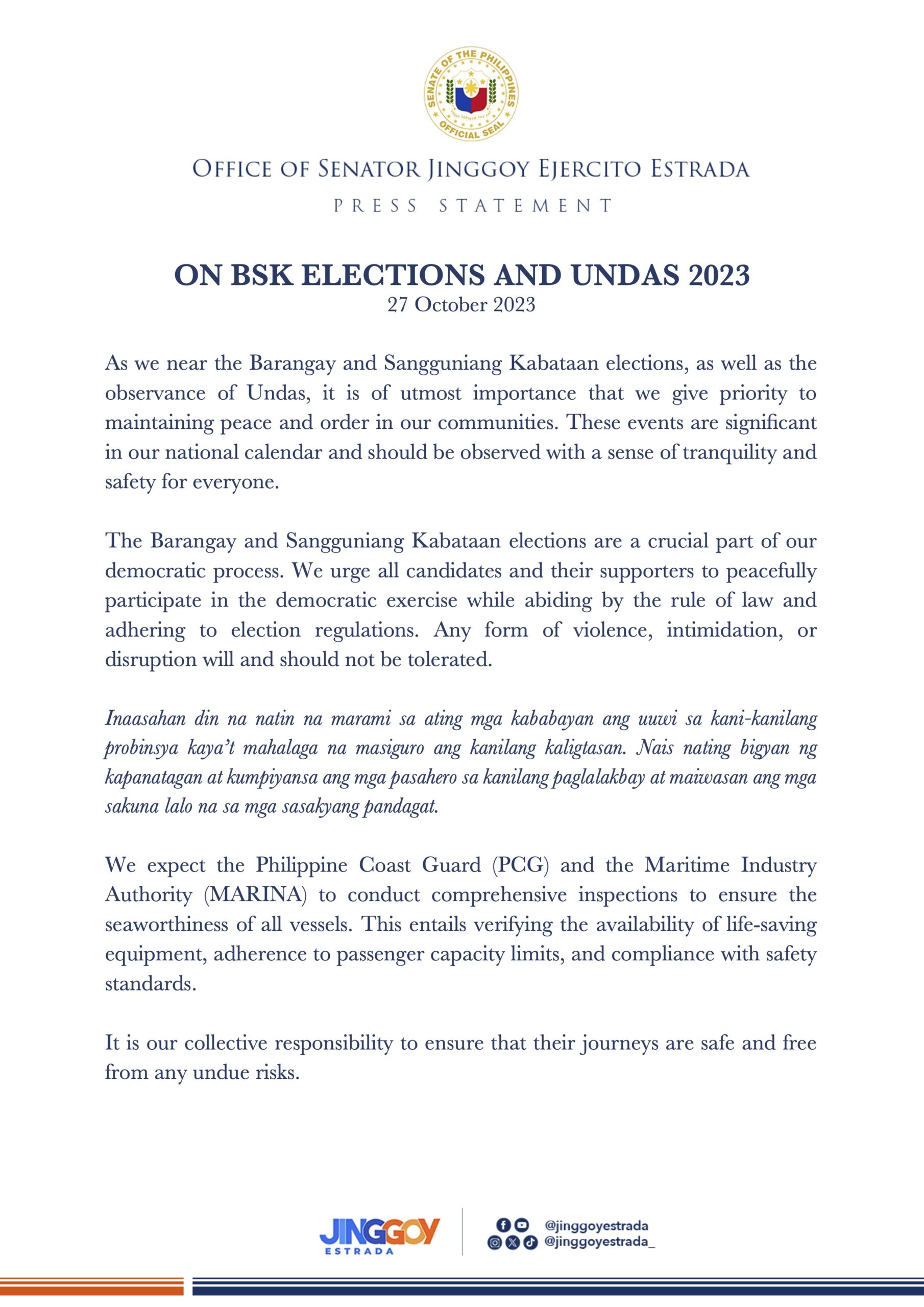 On BSK Elections and UNDAS 2023 – Jinggoy Ejercito Estrada
