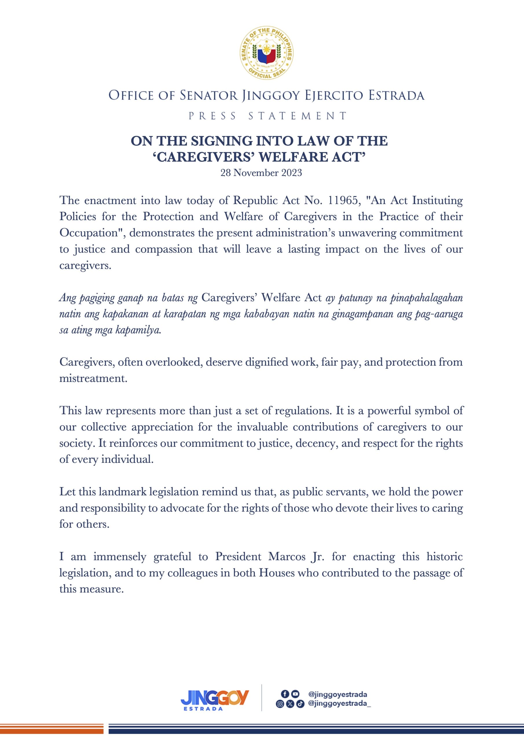 Statement on the Signing into law of the ‘Caregivers’ Welfare Act’ – Jinggoy Ejercito Estrada