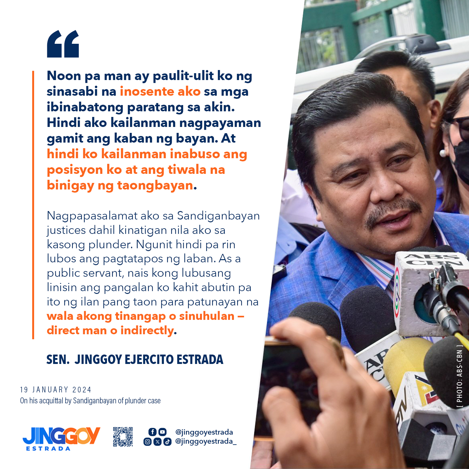 Statement on the Sandiganbayan decision – Jinggoy Ejercito Estrada