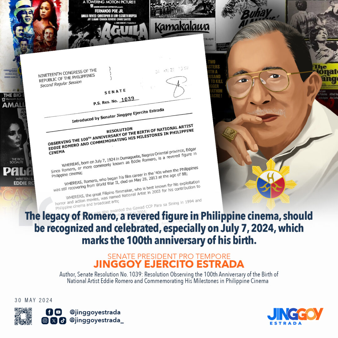 Jinggoy files resolution observing centennial birth anniversary of national artist Eddie Romero ...
