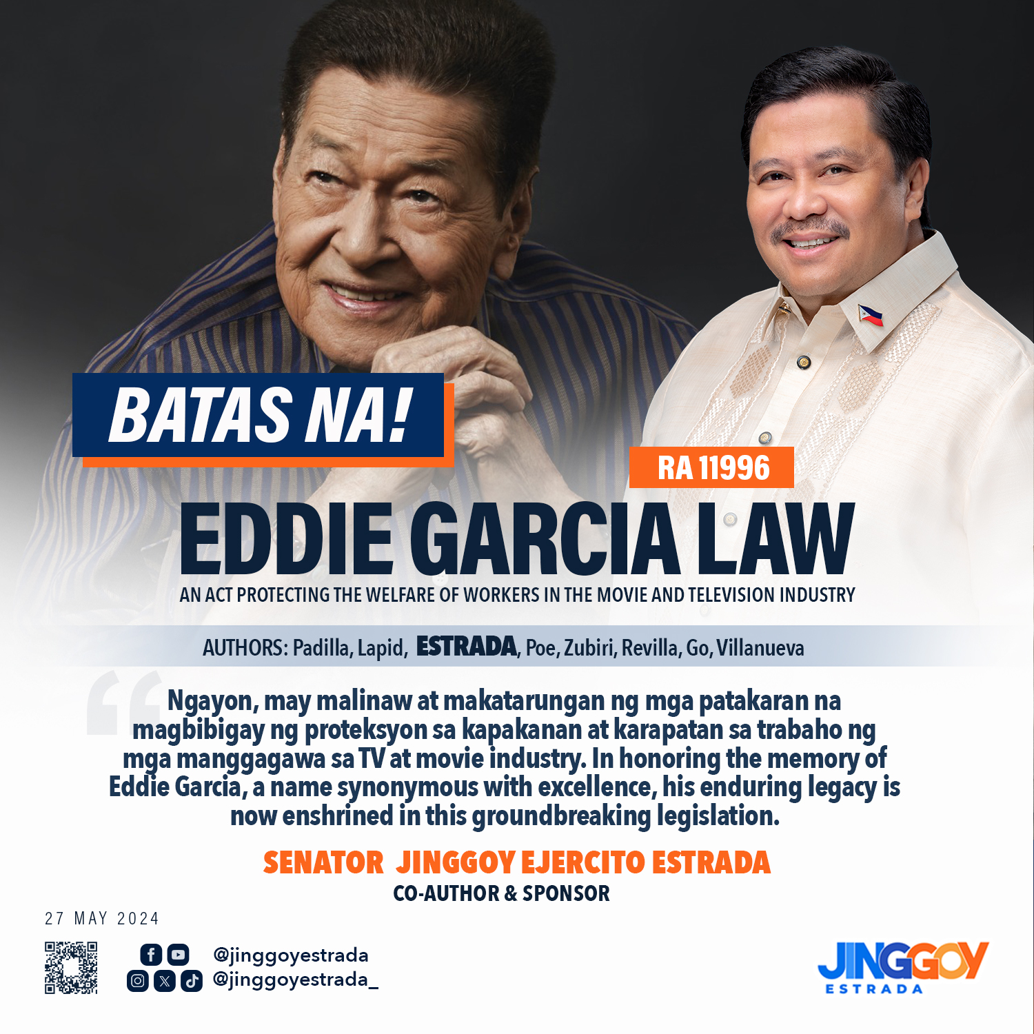Statement on the signing of the Eddie Garcia Law – Jinggoy Ejercito Estrada