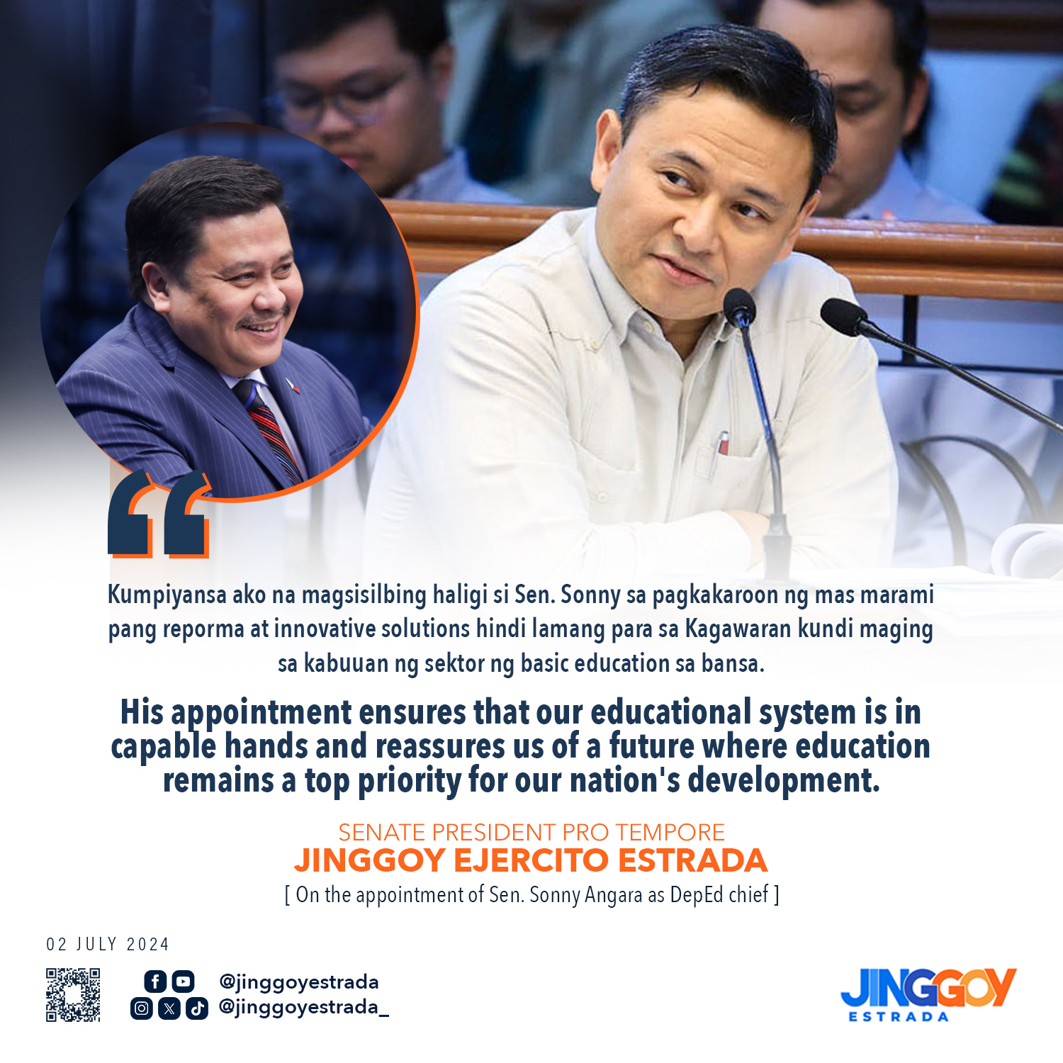 Statement on Sen. Sonny Angara’s appointment as DepEd chief – Jinggoy Ejercito Estrada