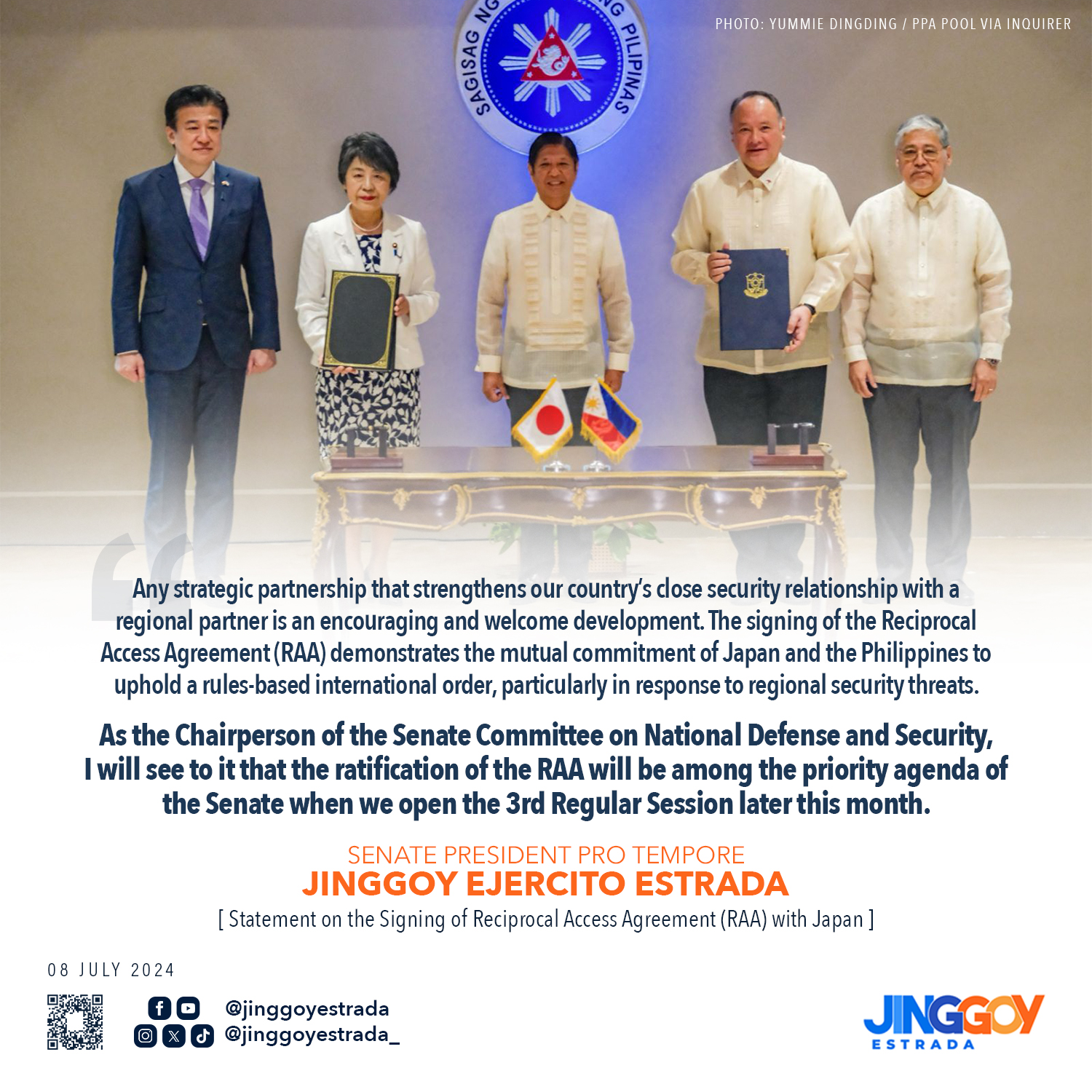 Statement on the signing of Reciprocal Access Agreement (RAA) with Japan – Jinggoy Ejercito Estrada