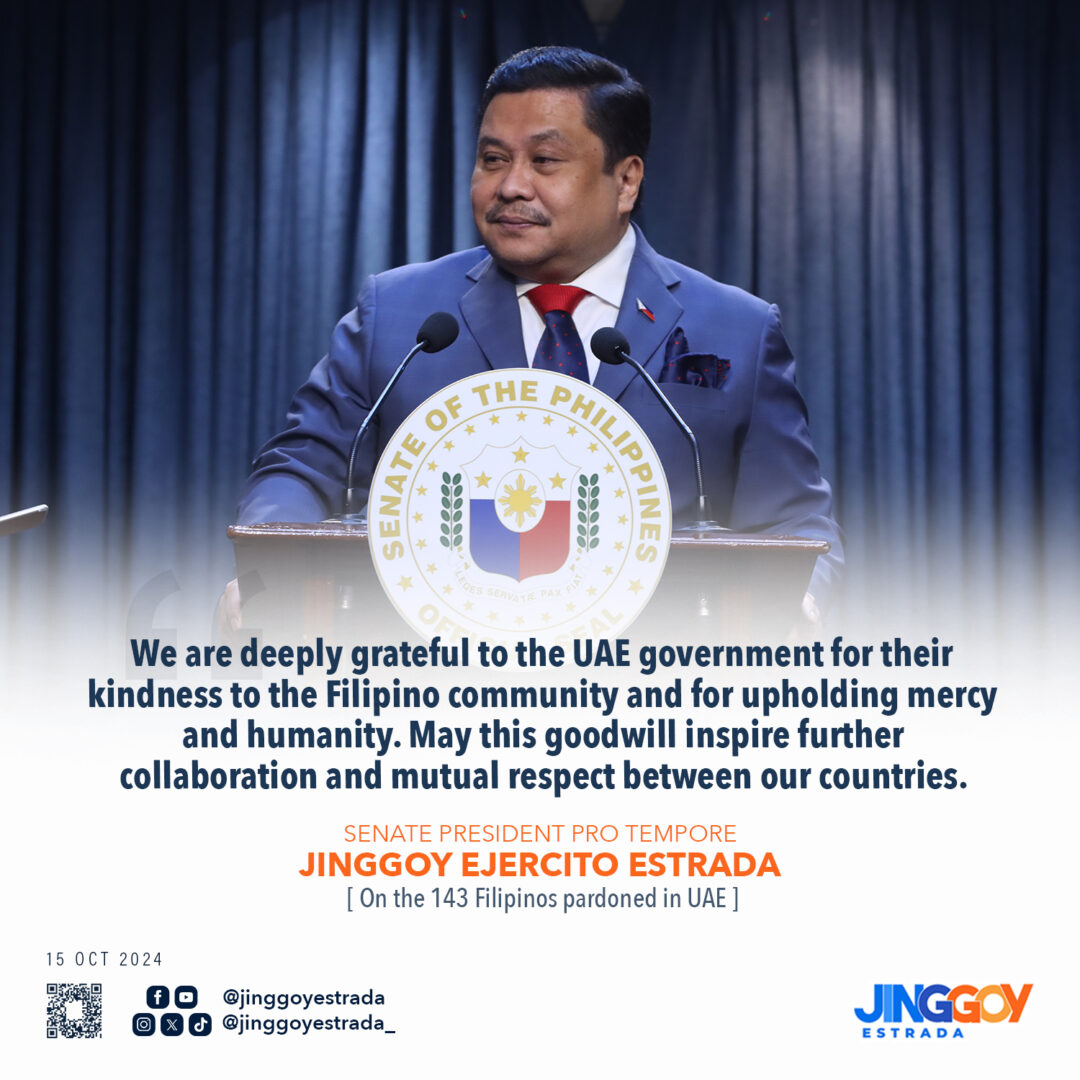 Statement on 143 Filipinos pardoned in UAE – Jinggoy Ejercito Estrada