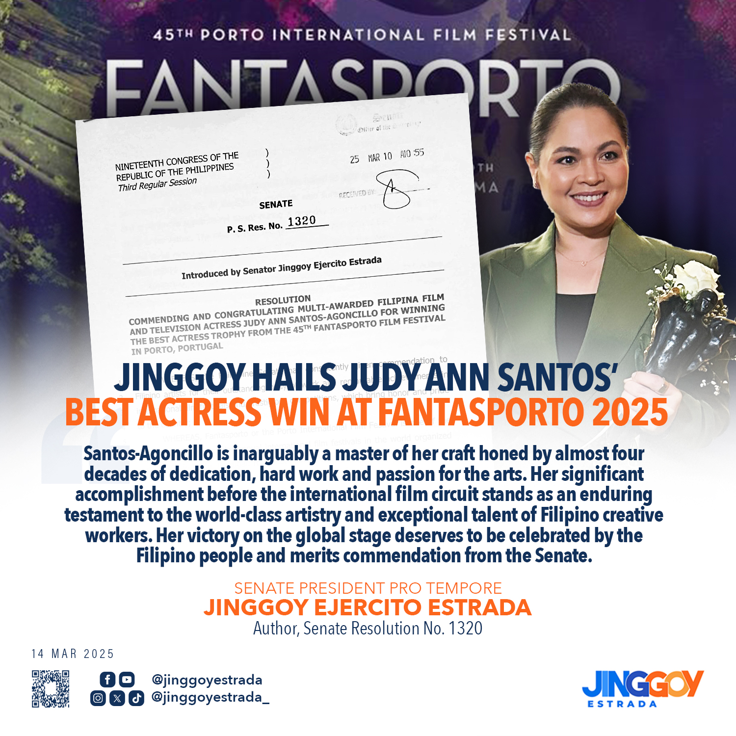 Jinggoy hails Judy Ann Santos’ Best Actress win at Fantasporto 2025 ...